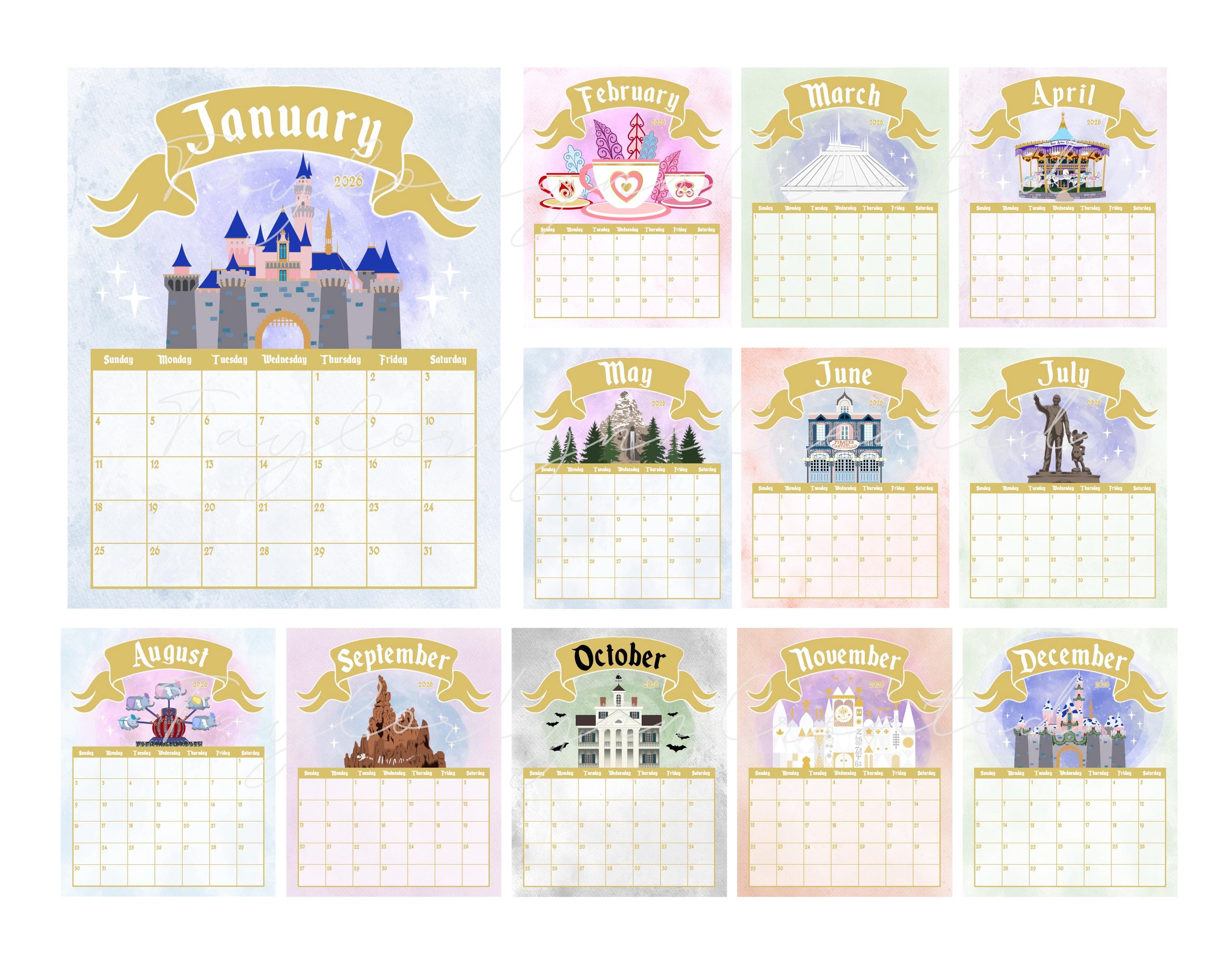 Magical Disneyland Attractions Inspired Calendar - Blank and 2026 - Etsy
