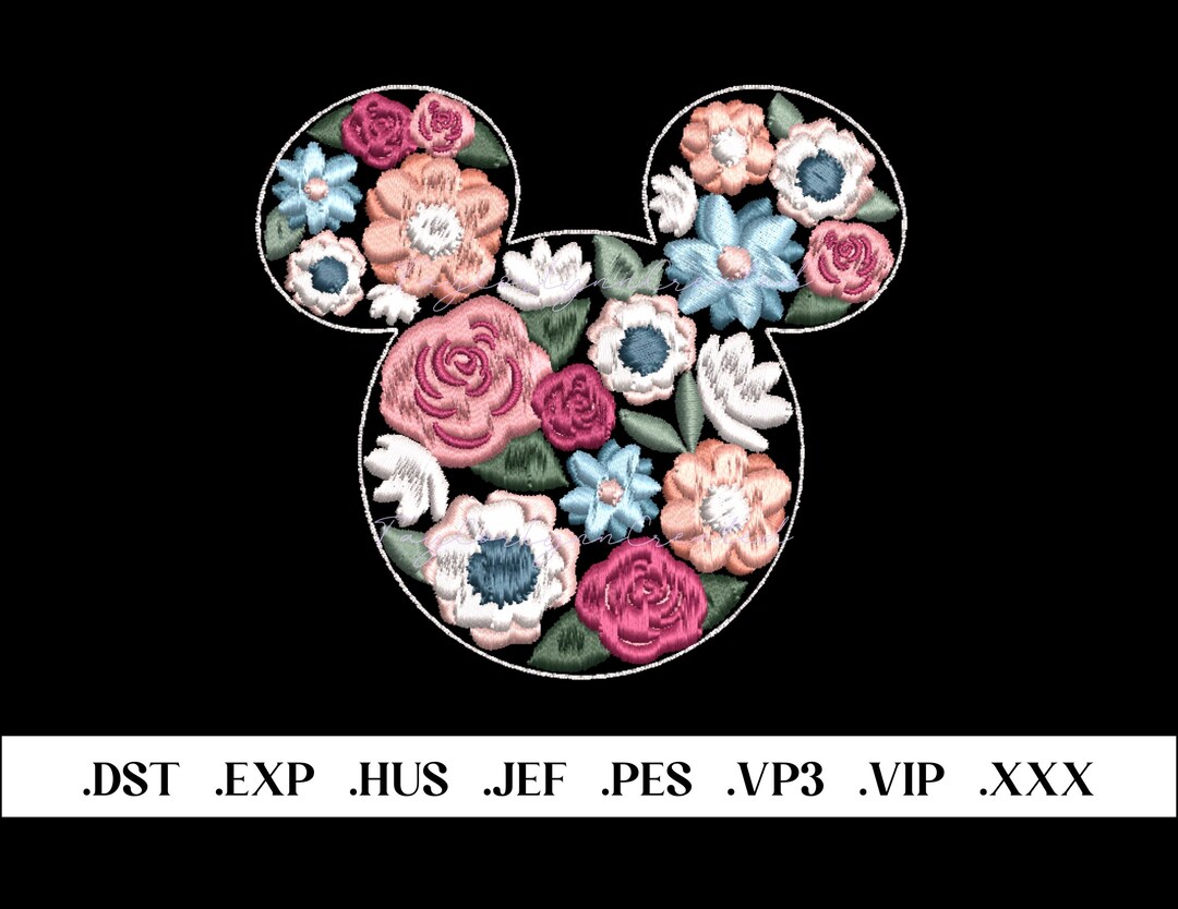 Mickey Mouse Head Shape Inspired Floral Embroidery Files - .dst .exp ...