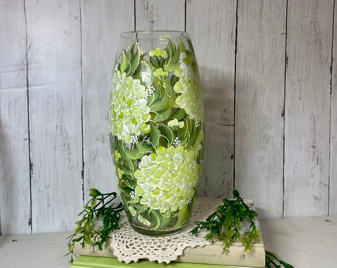Hand Painted Hydrangeas on Cylinder Glass 10 Inch Vase Personalizable ...