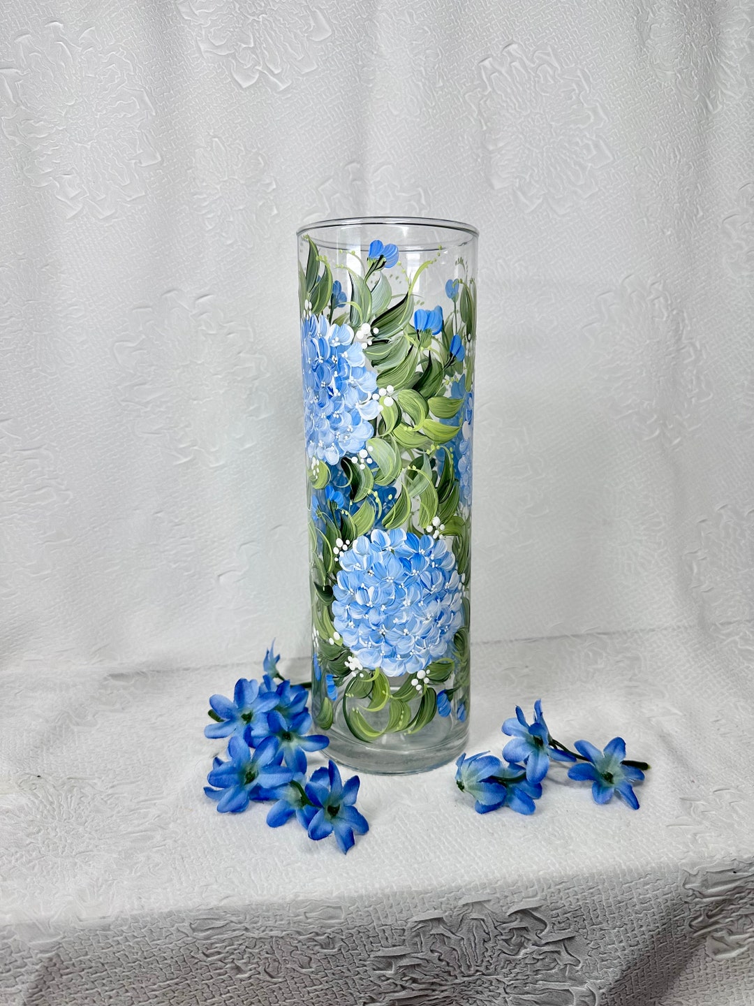 Hand Painted Hydrangeas on Cylinder Glass 10 Inch Vase Personalizable ...