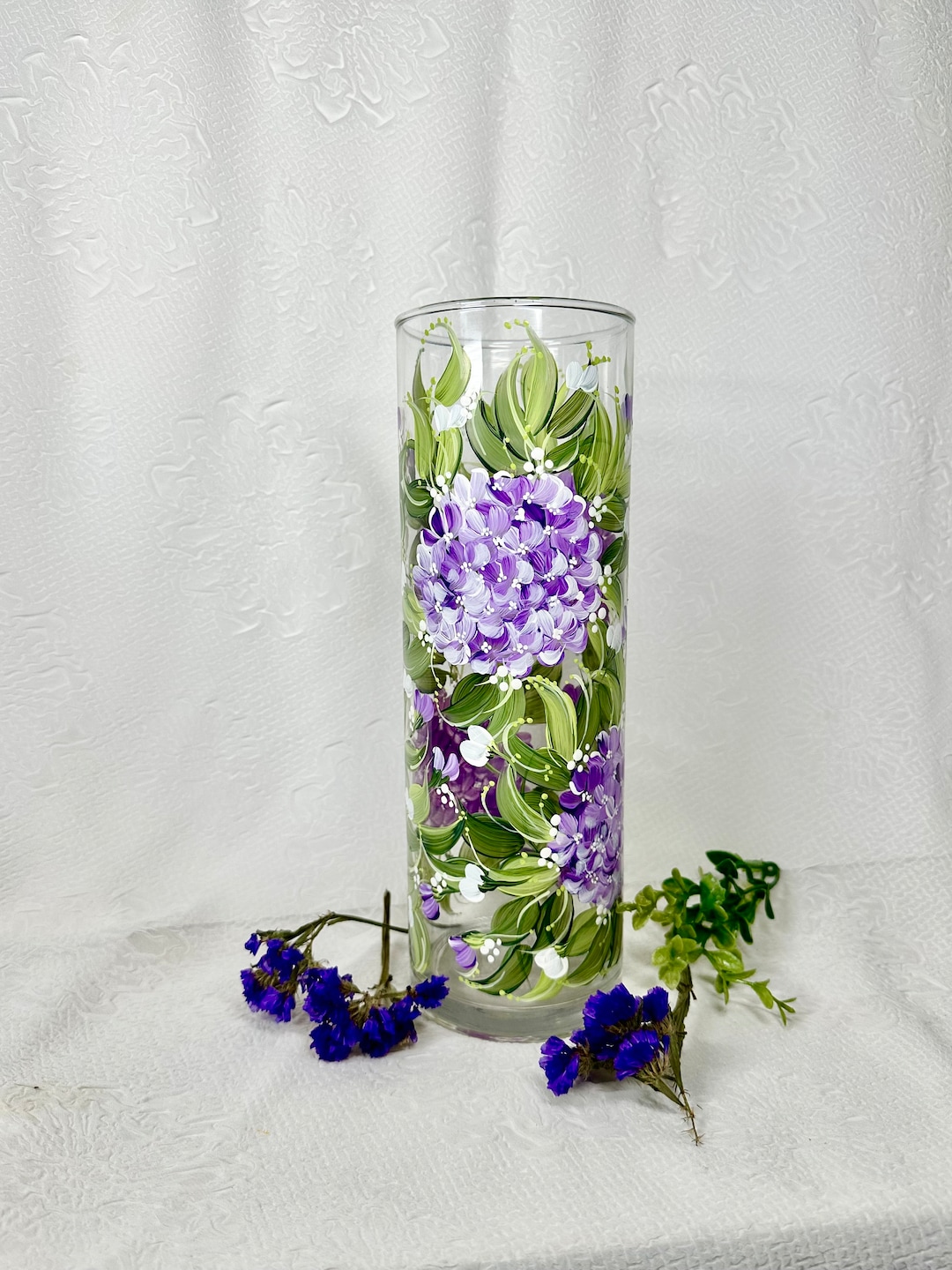 Hand Painted Hydrangeas on Cylinder Glass 10 Inch Vase Personalizable ...