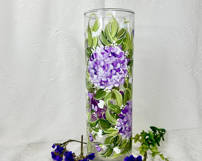 Hand Painted Hydrangeas on Cylinder Glass 10 Inch Vase Personalizable ...