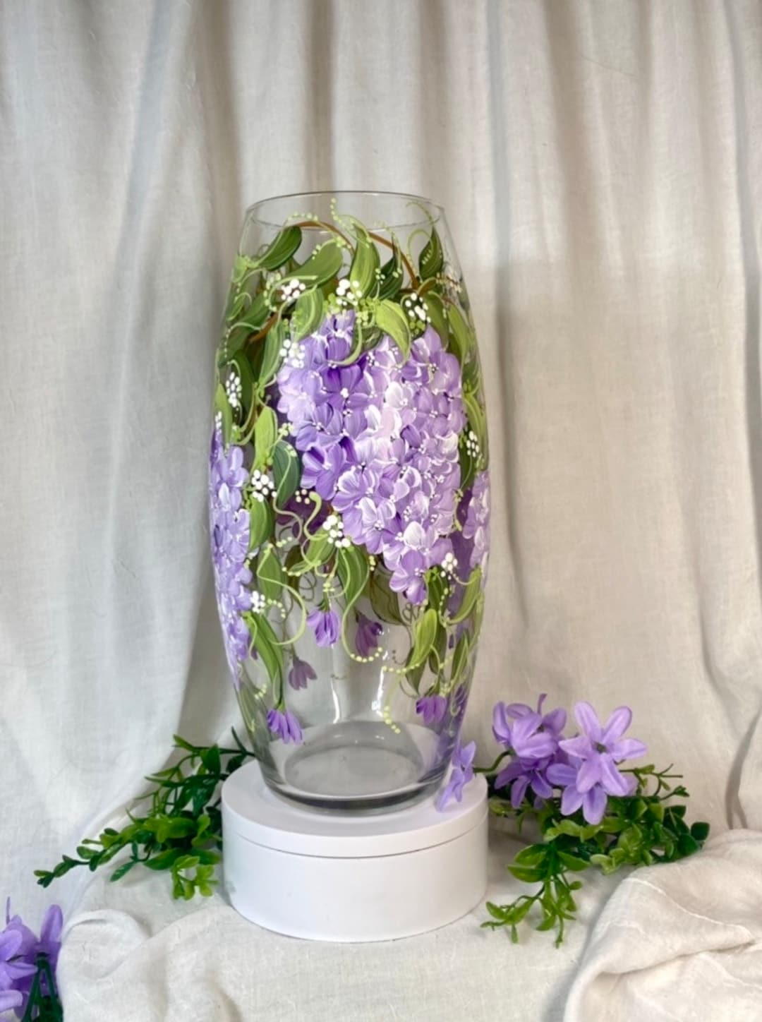 Hand Painted Lilacs on Tall Hand Blown Glass Vase Personalizable for ...
