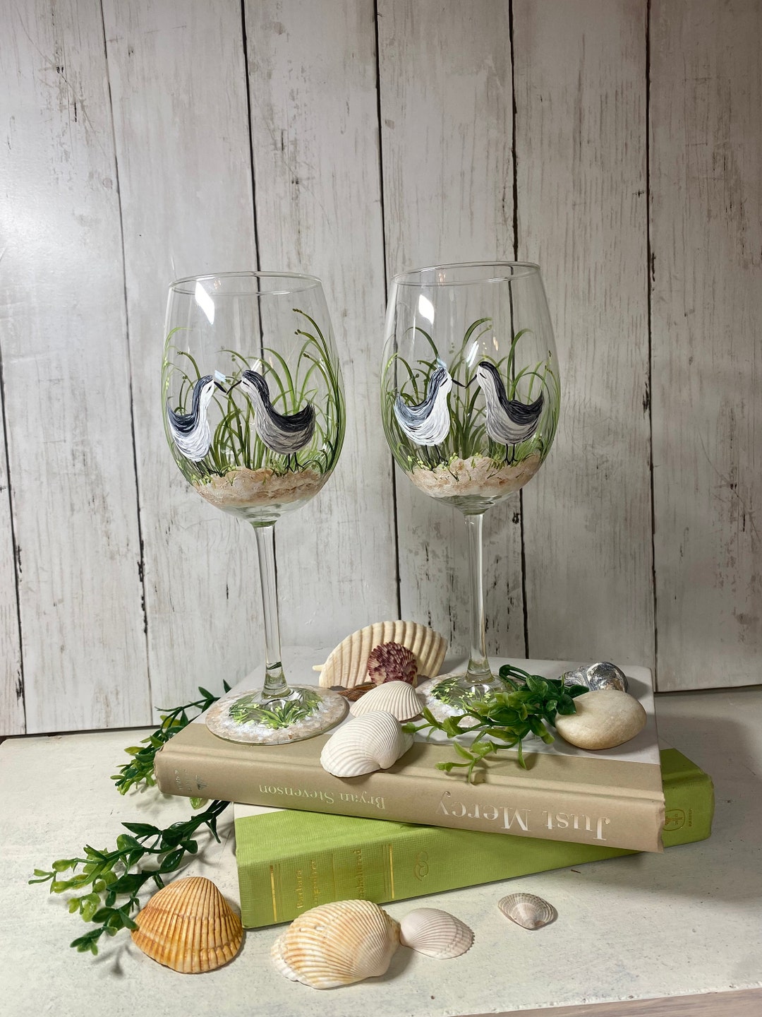 Free Shipping Birdies on the Beach Hand Painted Pair of Wine Glasses - Etsy