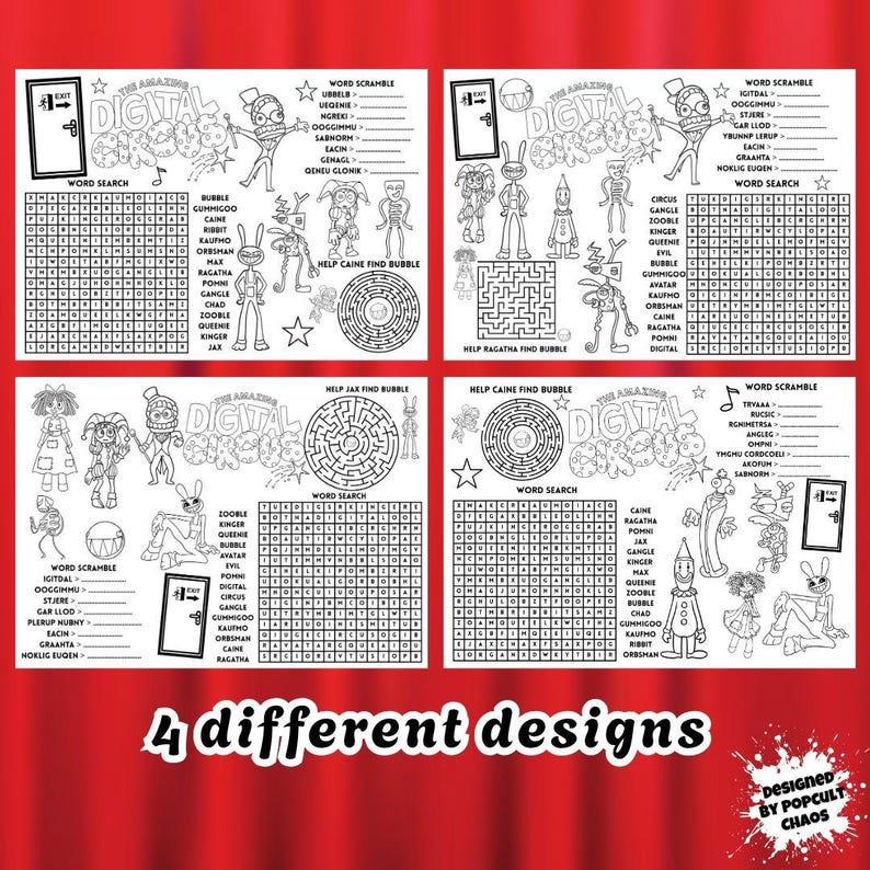 Digital Circus Themed Activity Sheets | Party Game Placemats | Instant ...