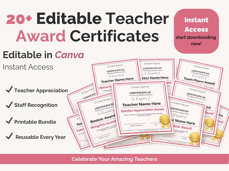 Teacher Appreciation Certificate Bundle | Editable Preschool Staff ...