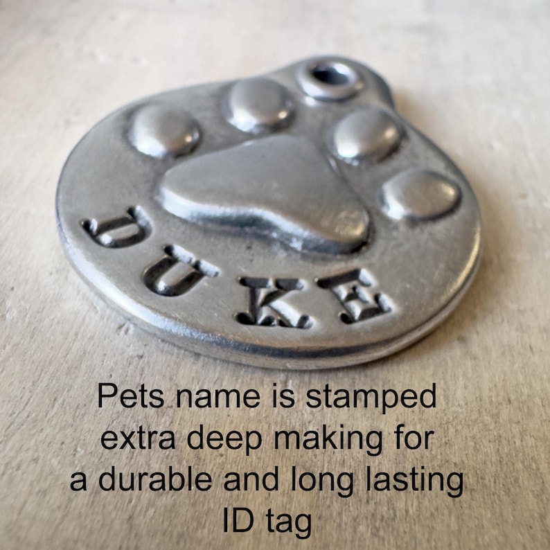 Hand Stamped Pewter Dog ID Tag: Custom Paw Print Pet Tag - Etsy