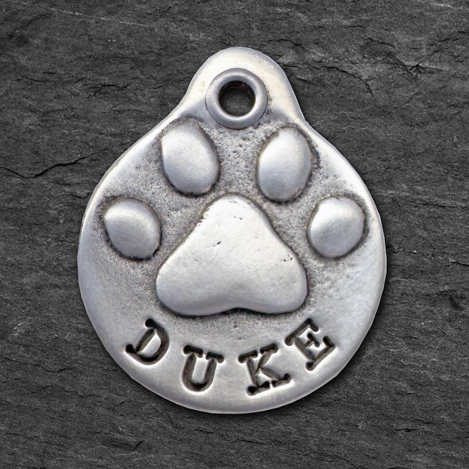 Hand Stamped Pewter Dog ID Tag: Custom Paw Print Pet Tag - Etsy