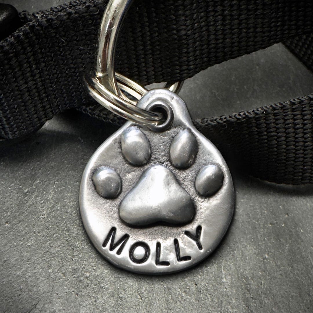 Personalized Pewter Dog Tag: Hand Stamped Paw Print Pet ID - Etsy