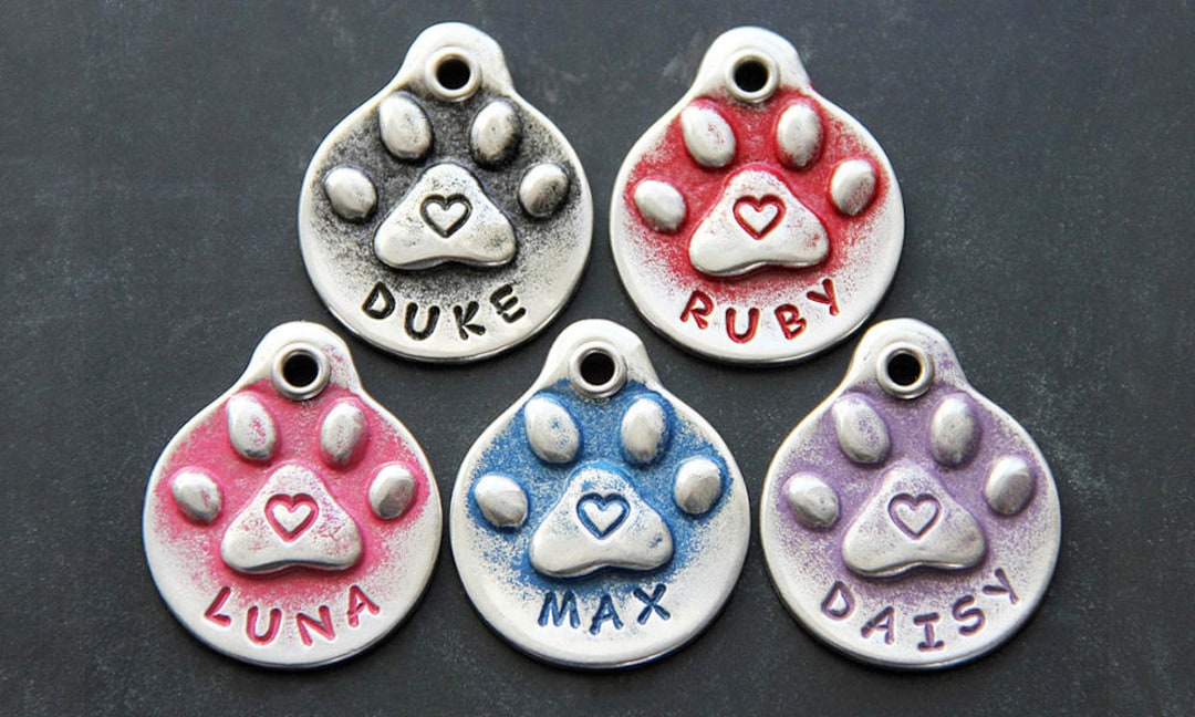 Custom Paw Print Dog Tag: Personalized Pet ID, Handmade Pewter - Etsy