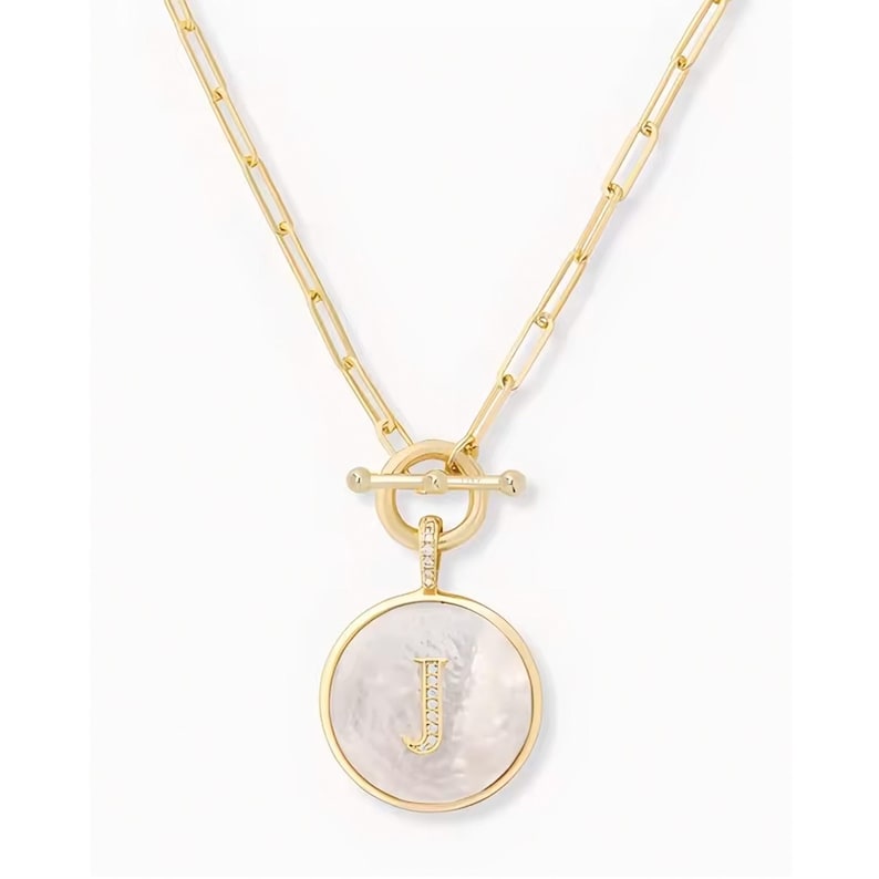 Mother of Pearl Initial Necklace, 18K Gold Plated Paperclip Chain With ...