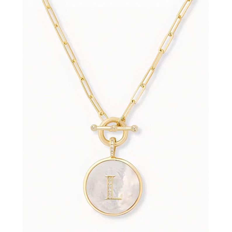 Mother of Pearl Initial Necklace, 18K Gold Plated Paperclip Chain With ...
