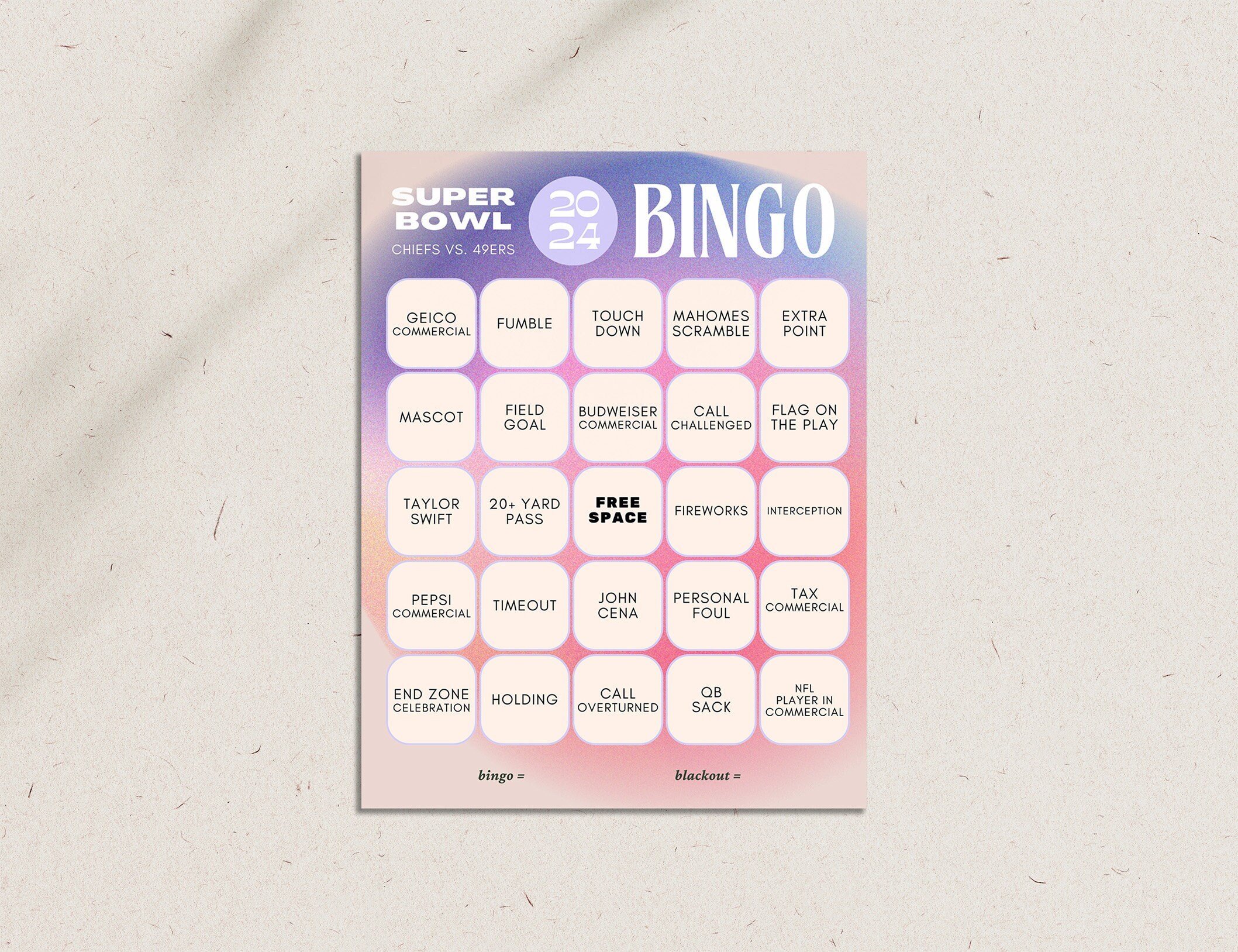 Bingo Party Game Super Bowl 2024 Kansas City Chiefs Vs San Francisco ...