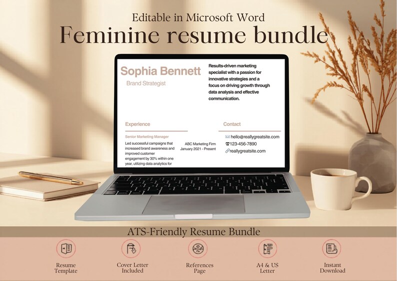 Feminine Resume Bundle | ATS Friendly Canva CV, Cover Letter (digital ...
