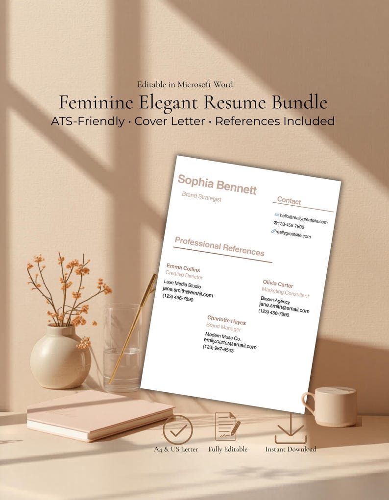 Feminine Resume Bundle | ATS Friendly Canva CV, Cover Letter (digital ...