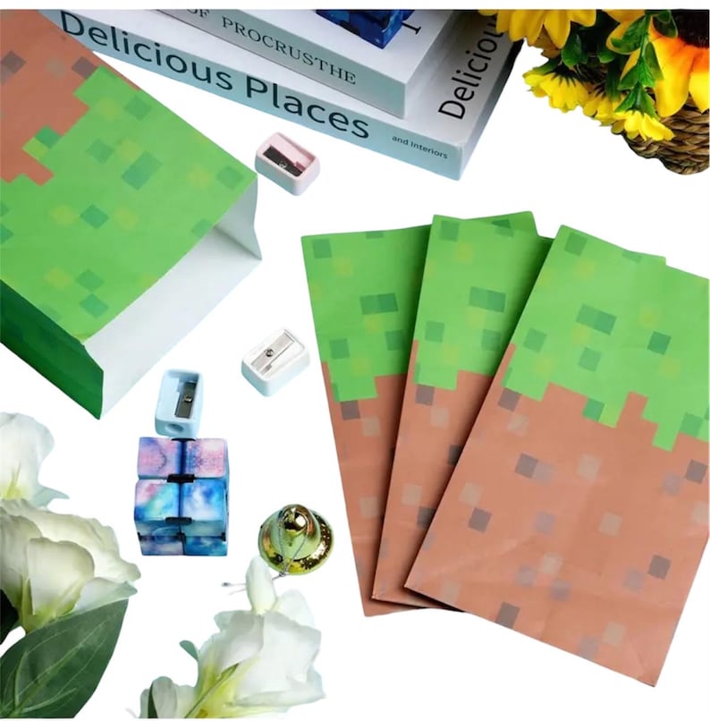 Pixel Party Gift Bags, Brown Green Flat Paper Favor Bags - Etsy UK
