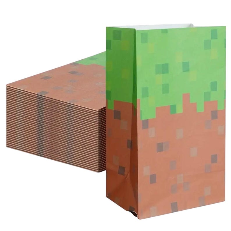 Pixel Party Gift Bags, Brown Green Flat Paper Favor Bags - Etsy UK