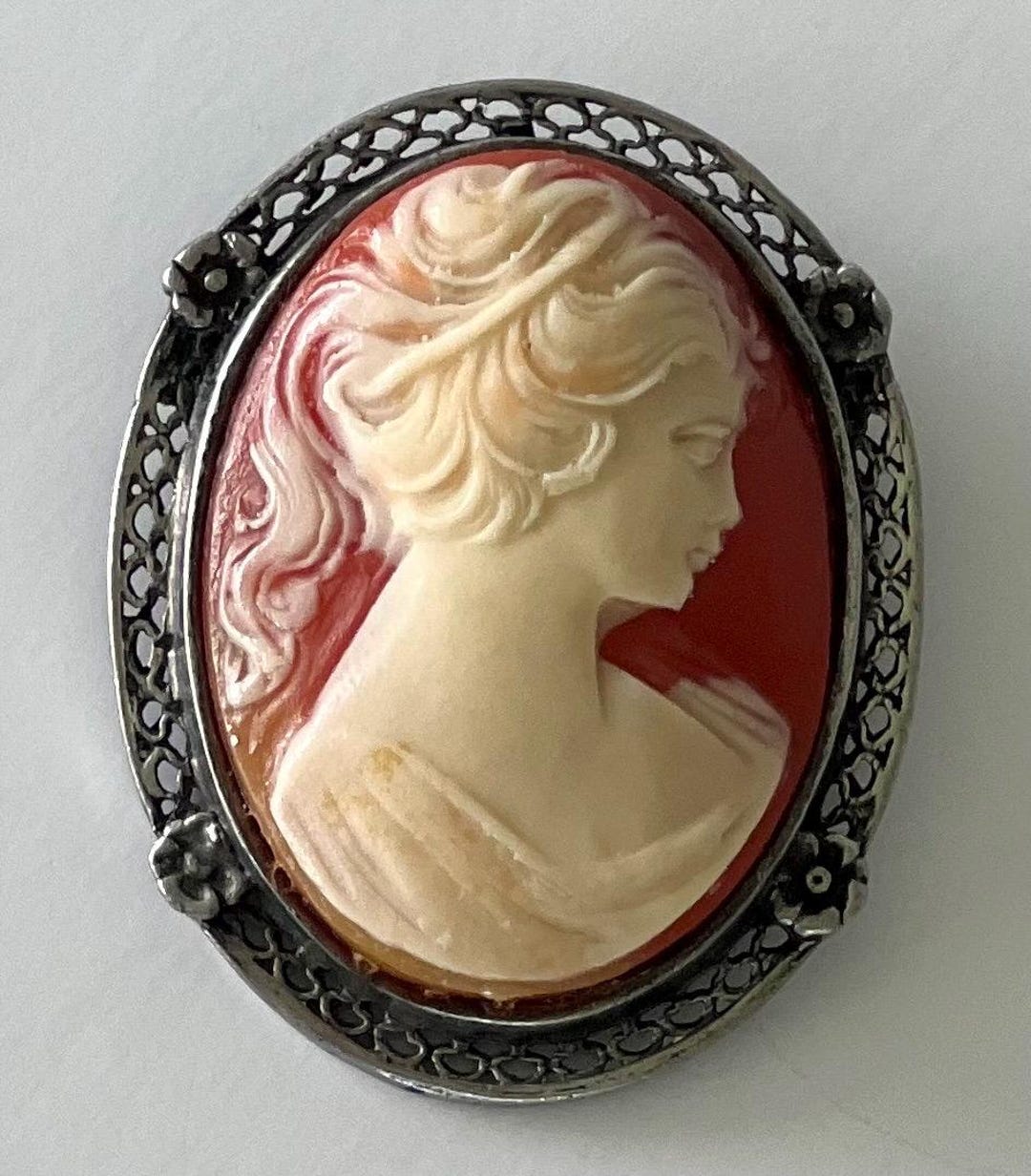 Vintage Cameo Brooch Large Oval Lady Portrait Pin Silver Tone Filigree ...