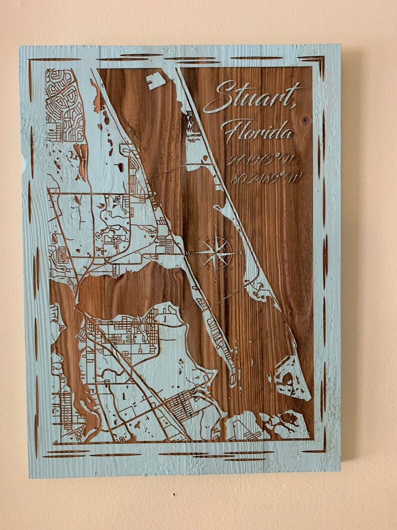 Map Engraved - Stuart, Florida, Map, Custom Engraving, Wood Wall Art ...