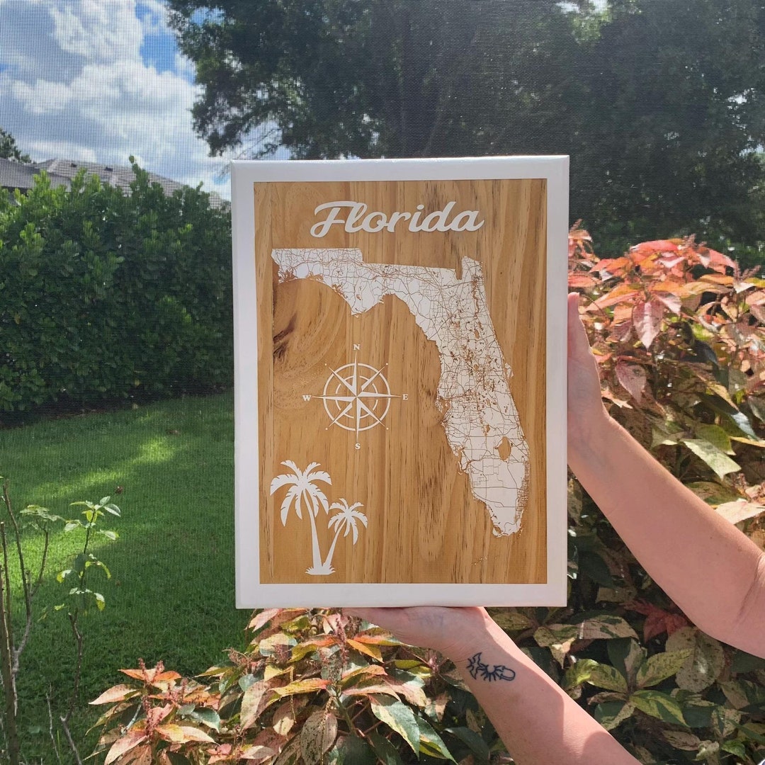 Laser Engraved Florida Map – Topographic Wood Wall Art (18 X 12 Inches ...