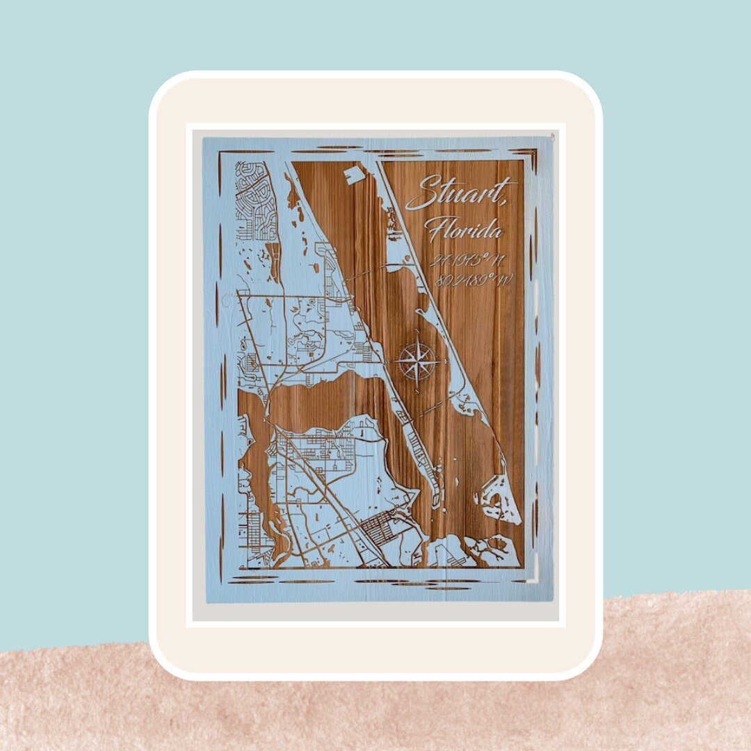 Map Engraved - Stuart, Florida, Map, Custom Engraving, Wood Wall Art ...