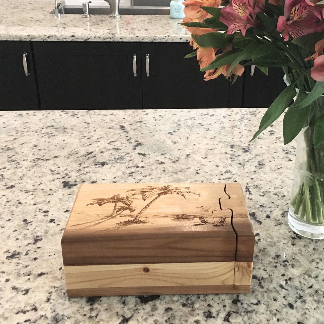 Solid Wood Puzzle Box - Palm Tree Beach, Wooden Box, Jewelry Box ...