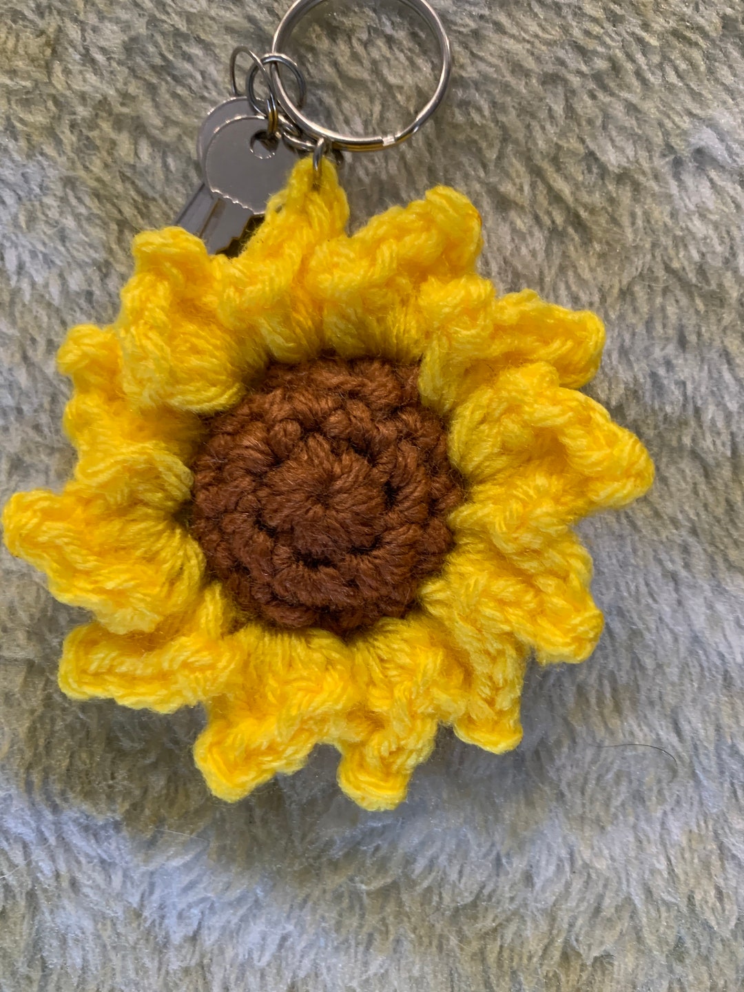 Whimsical Happy Crochet Sunflower Keyring Charm With Keyring Attached ...