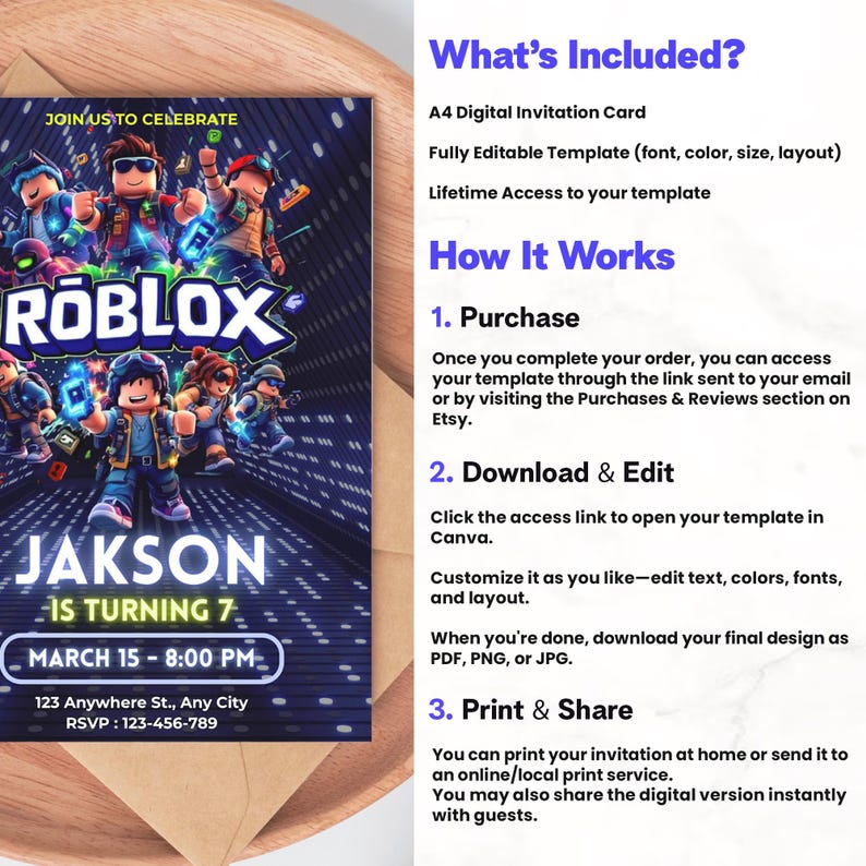 Editable Roblox Party Invite | Roblox Happy Birthday Invitation Canva ...