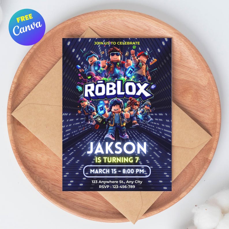 Editable Roblox Party Invite | Roblox Happy Birthday Invitation Canva ...