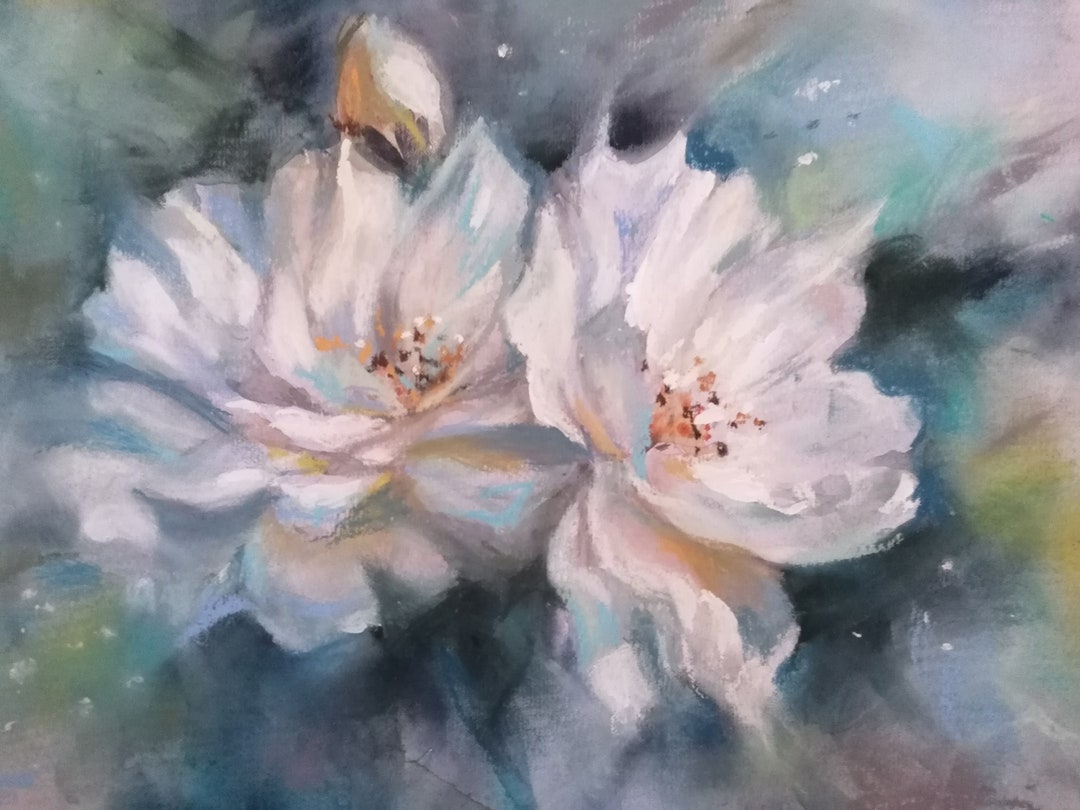 Original Pastel Painting, White Roses, Floral Painting , Wall Decor, - Etsy