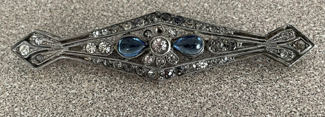 Antique 1920's Sterling Silver Bar Pin With Blue Cabochon and Clear ...