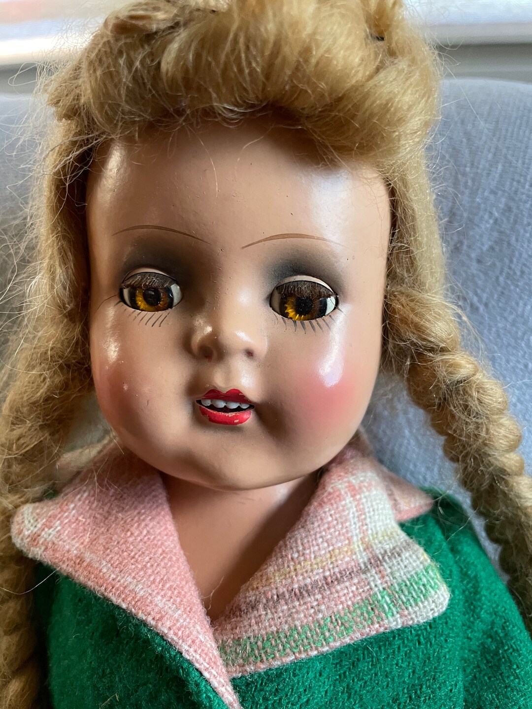 Beautiful Vintage 17" Composition Doll With Mohair Wig Open Mouth With ...