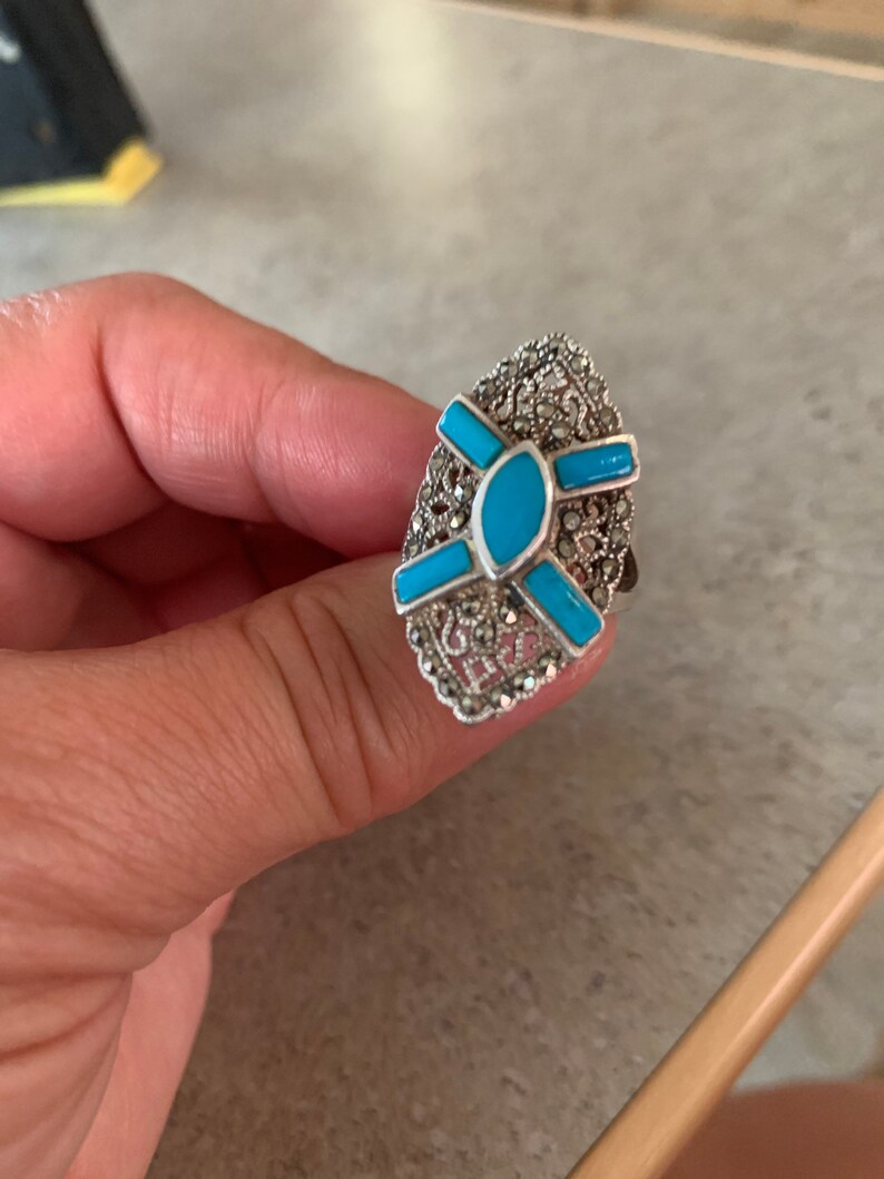 Large Turquoise Marcasite and Sterling Silver Ring | Etsy