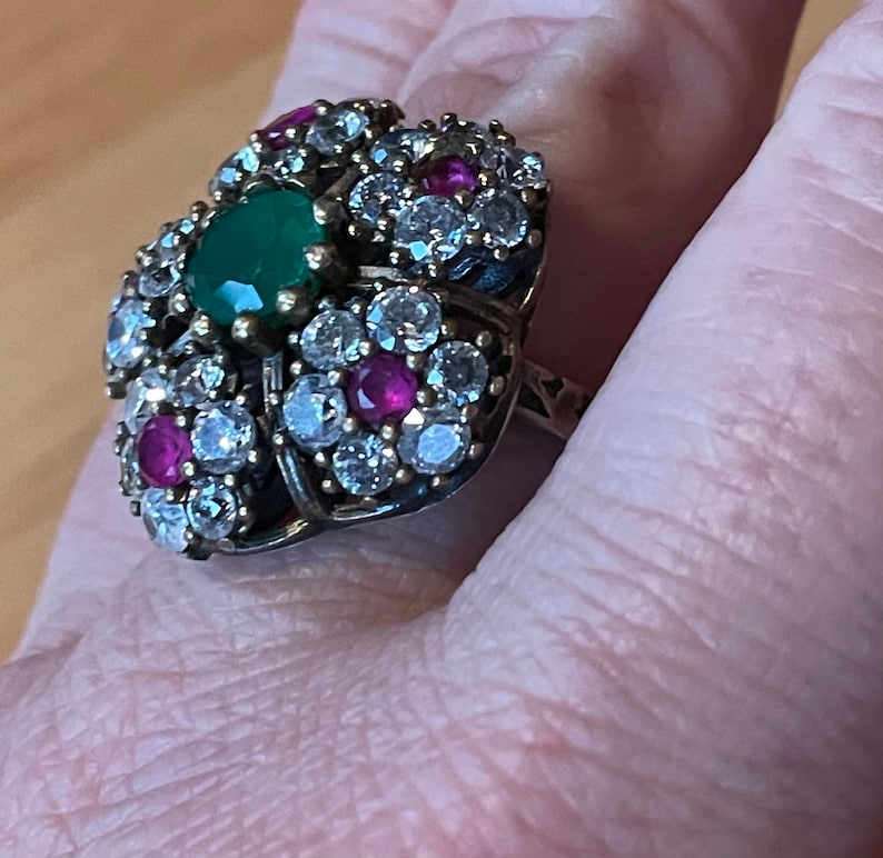Large Stunning Turkish Sterling Silver Emerald Ruby and Clear - Etsy