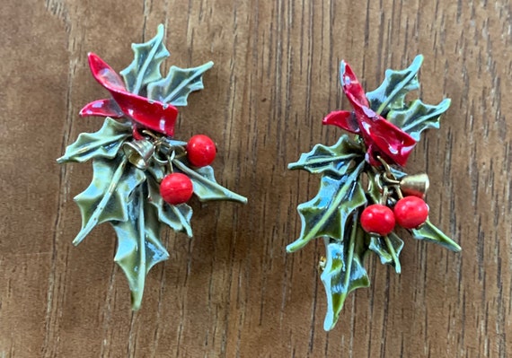 2 Signed ART Holly Berry Enamel Christmas Pins - Gem