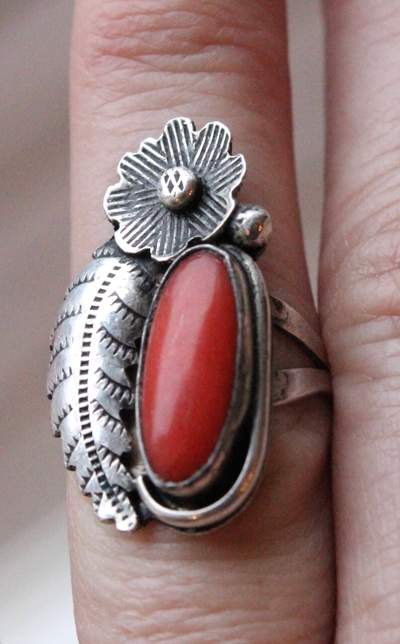 Handmade Native American Sterling Silver and Coral Ring Size 6 - Etsy