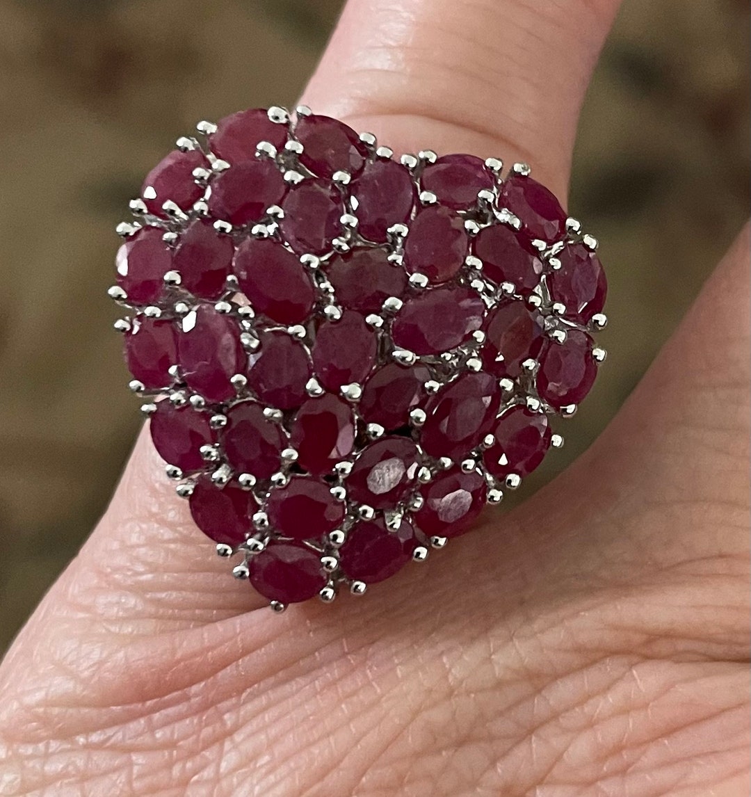 Stunning Large Lab Created Rubies Sterling Silver Cluster Stone Heart ...
