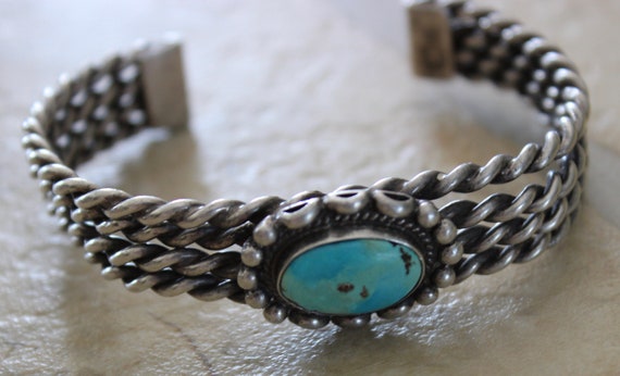Unique Braided Sterling Silver Turquoise Cuff Bracelet - Gem