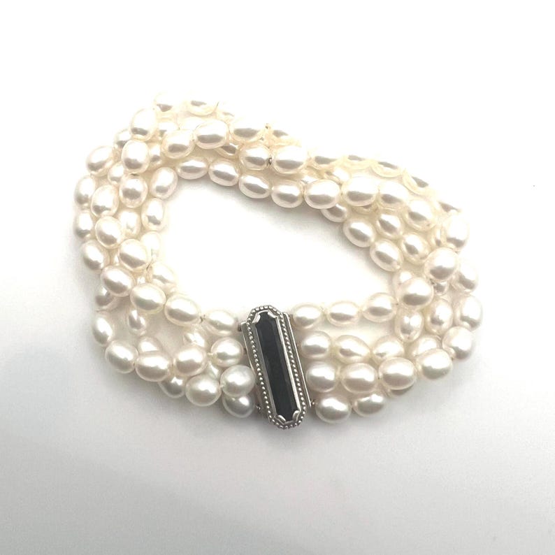 Vintage Tiffany & Co Ziegfeld Four Row Cultured Pearl Onyx Bracelet ...