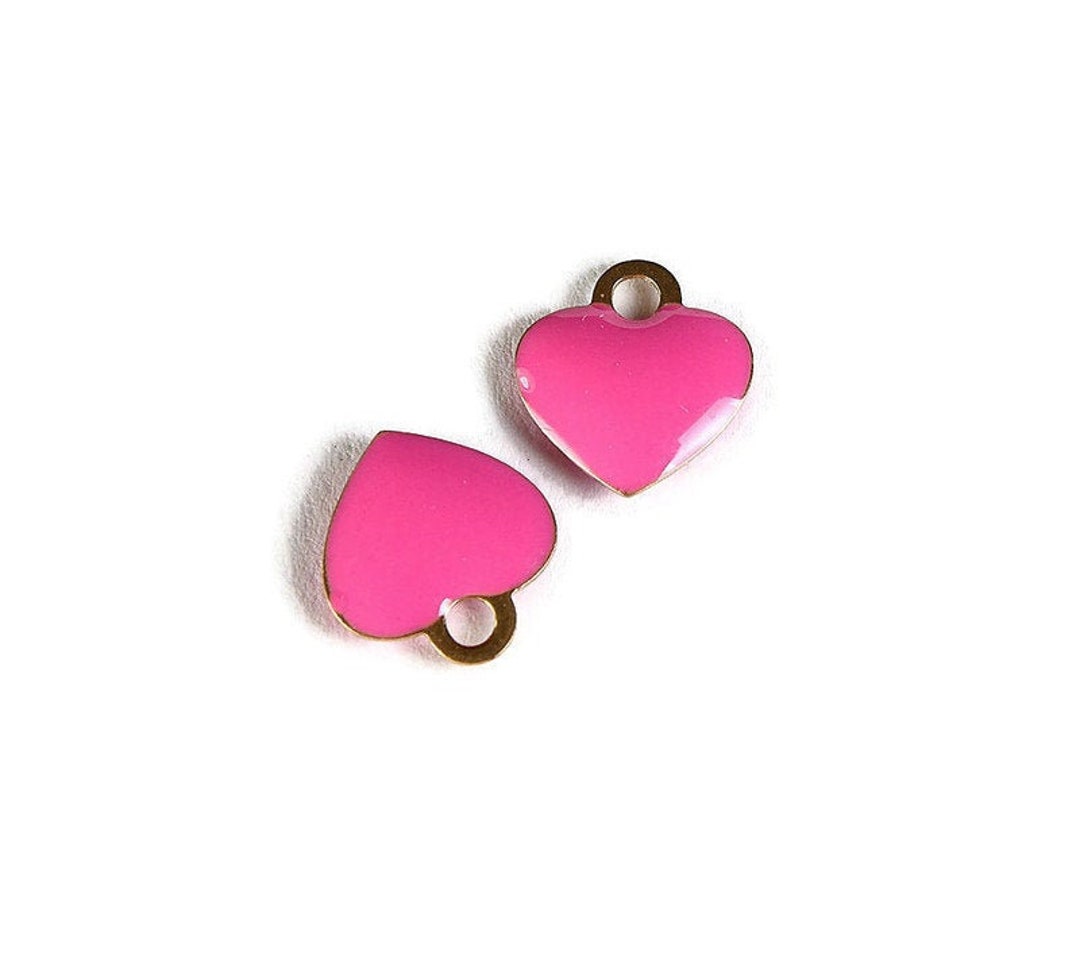 Pink Heart Charms - Brass Charms With Enamel - Gold Plated Heart Charms ...