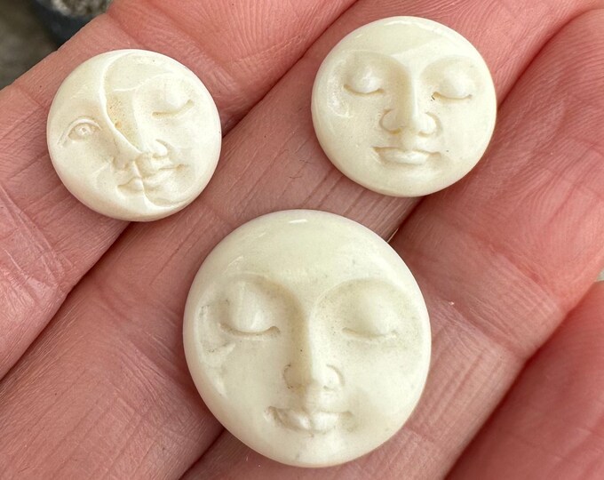 3 Carved Bone Moon Faces. Destash. Cabochon Face in Bone. Three Moons ...