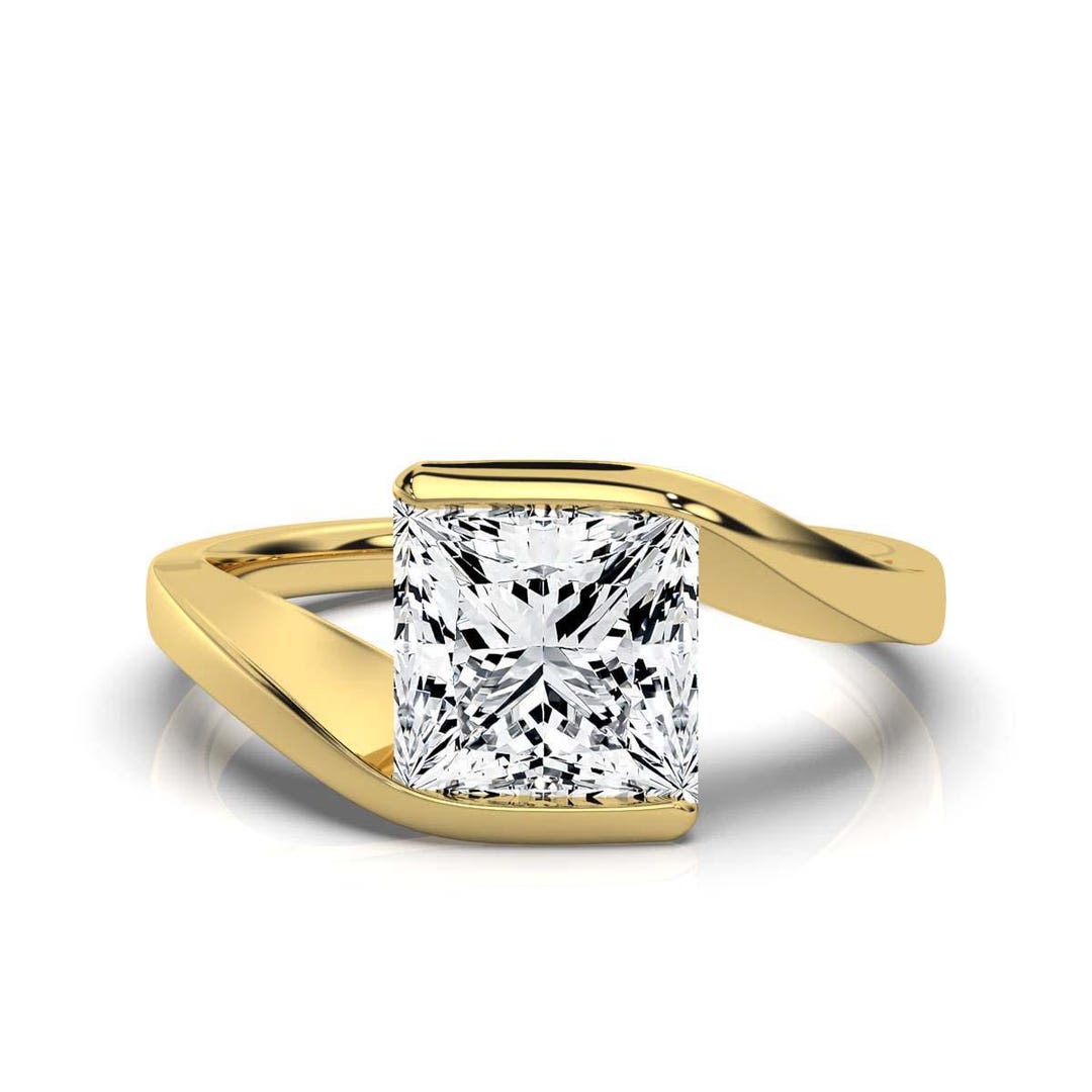 Princess Cut Bypass Engagement Ring, Modern Bezel Set Square Diamond ...