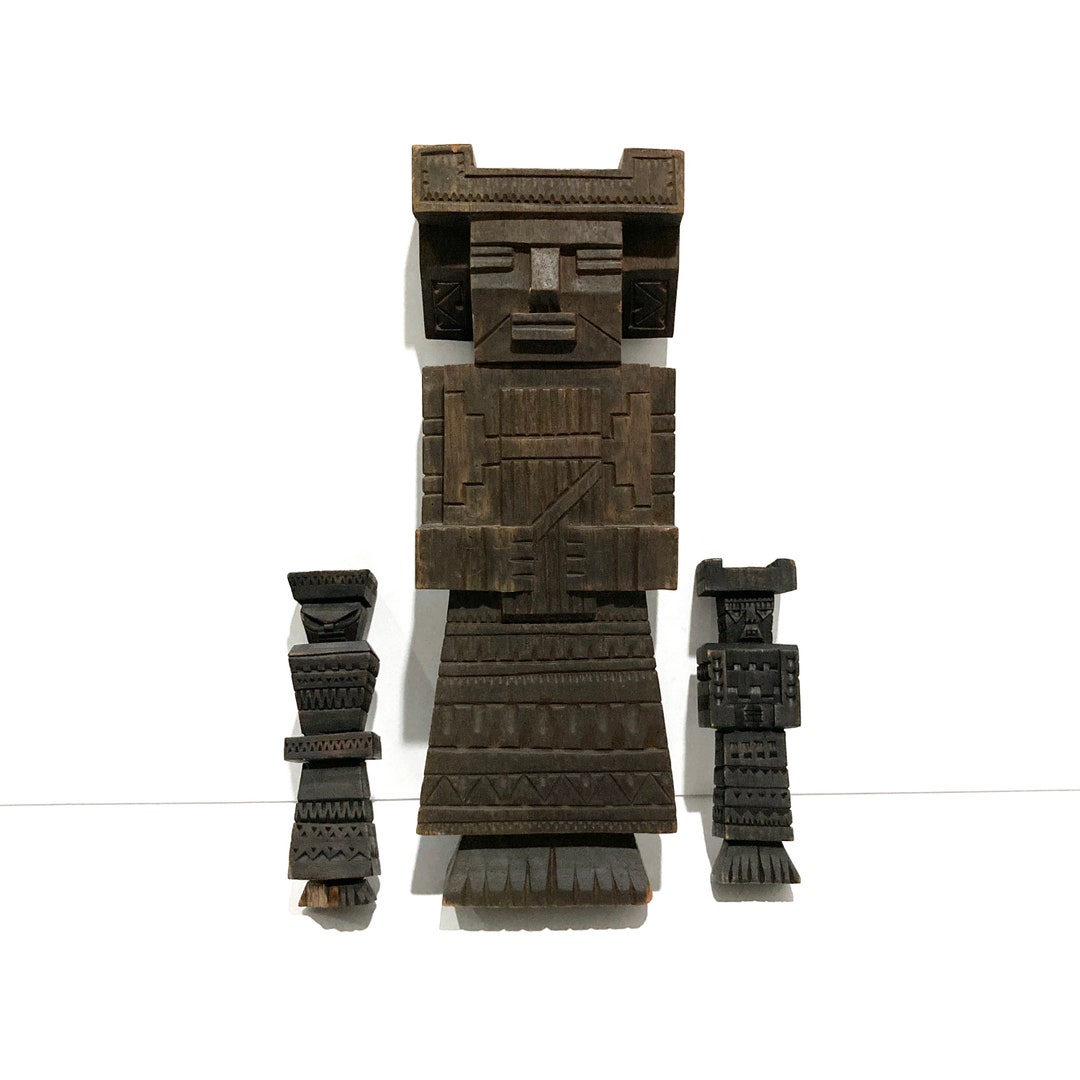 Peruvian Wood Carving Set - 3 Hand Carved Wooden Inca Statues Vintage ...