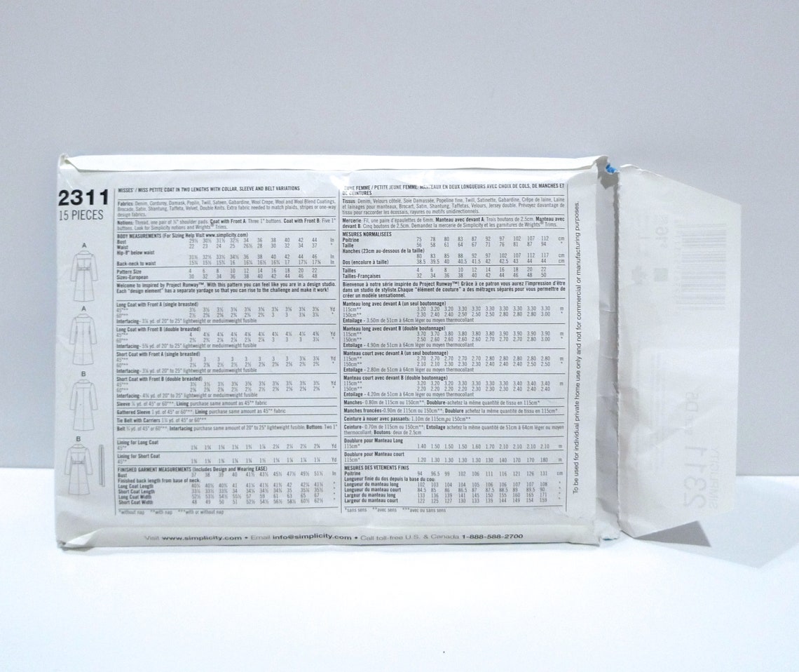 Double Breasted / Wrap Coat Project Runway Simplicity 2311 - Etsy