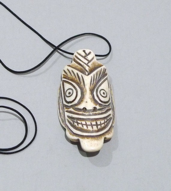 Tiki Pendant Necklace - Carved Bone Mask Vintage Poly… - Gem