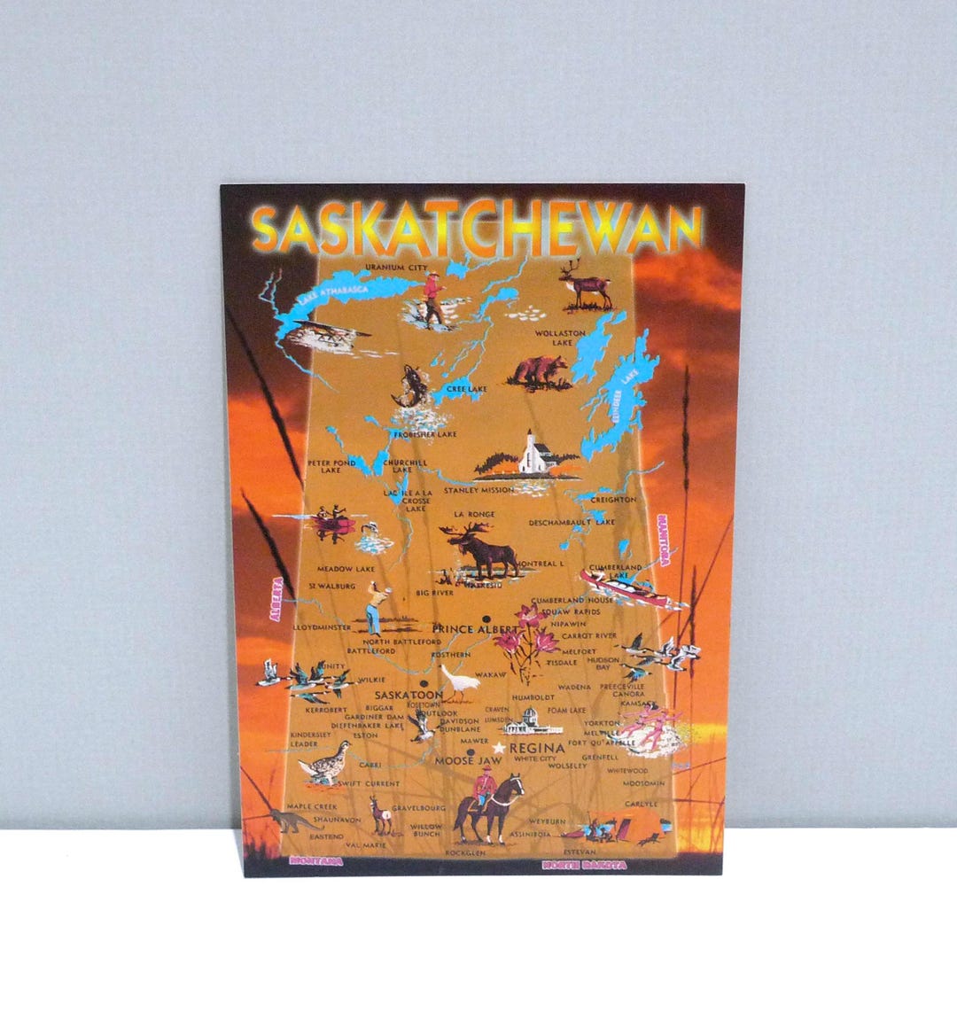 Saskatchewan Canada Map Postcard - Pictorial Tourist Sights Canadian ...