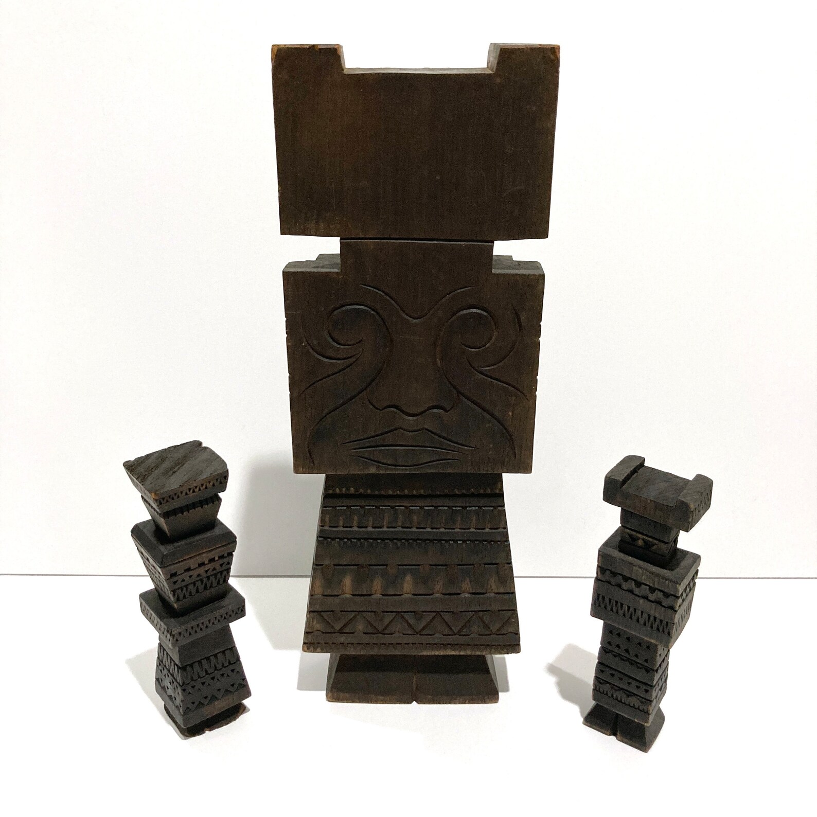 Peruvian Wood Carving Set - 3 Hand Carved Wooden Inca Statues Vintage ...