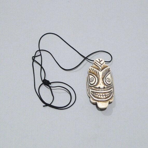 Tiki Pendant Necklace - Carved Bone Mask Vintage Poly… - Gem
