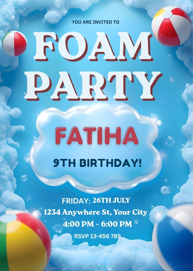 Editable Foam Party Invitation, Blue Beach Ball Birthday Template ...