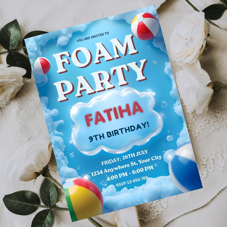 Editable Foam Party Invitation, Blue Beach Ball Birthday Template ...